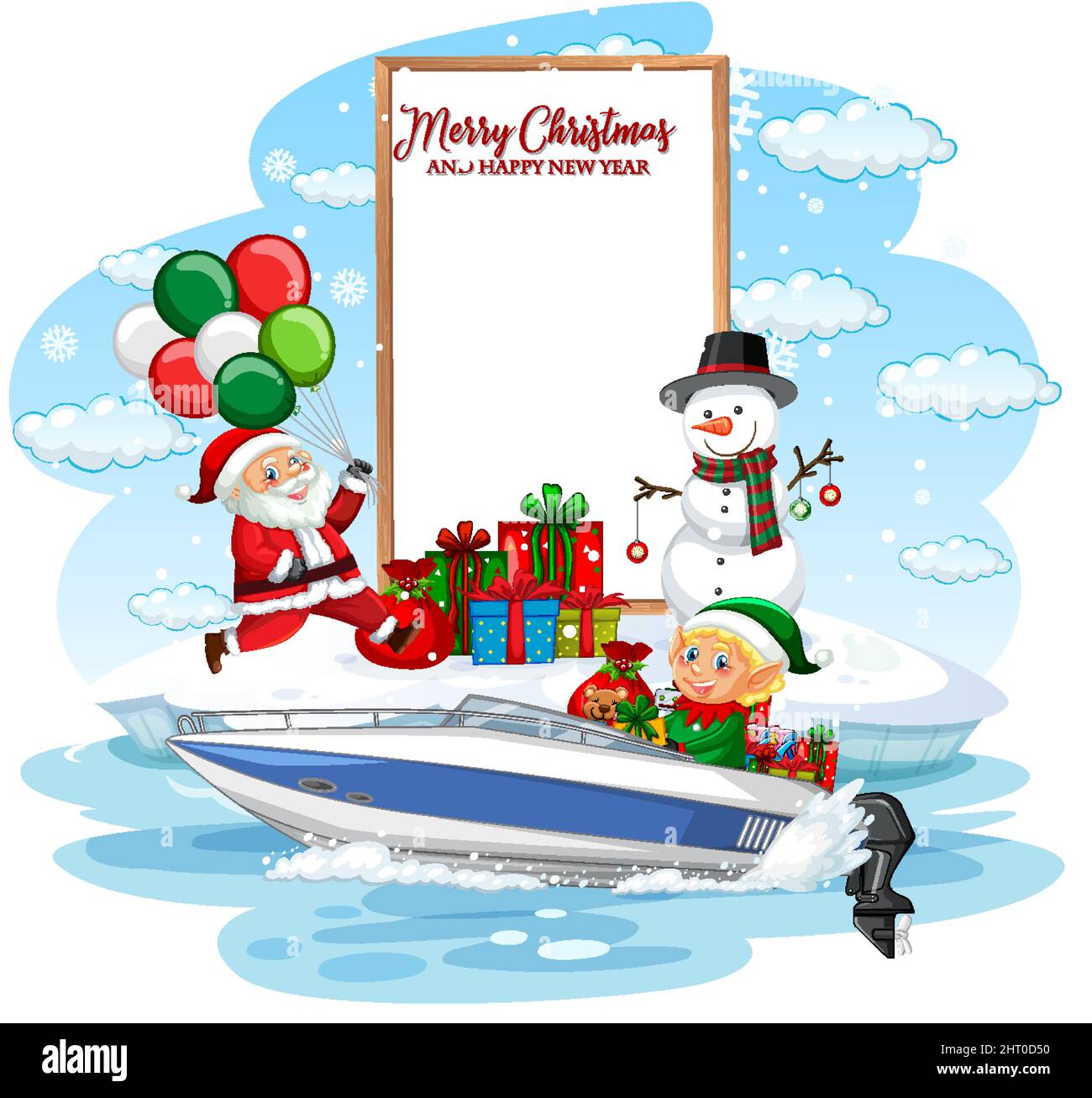Empty banner with Christmas elf delivering gifts by a boat illustration ...