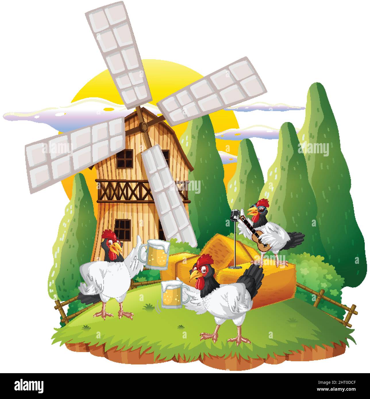 An isolated scene with a group of chickens in cartoon style ...