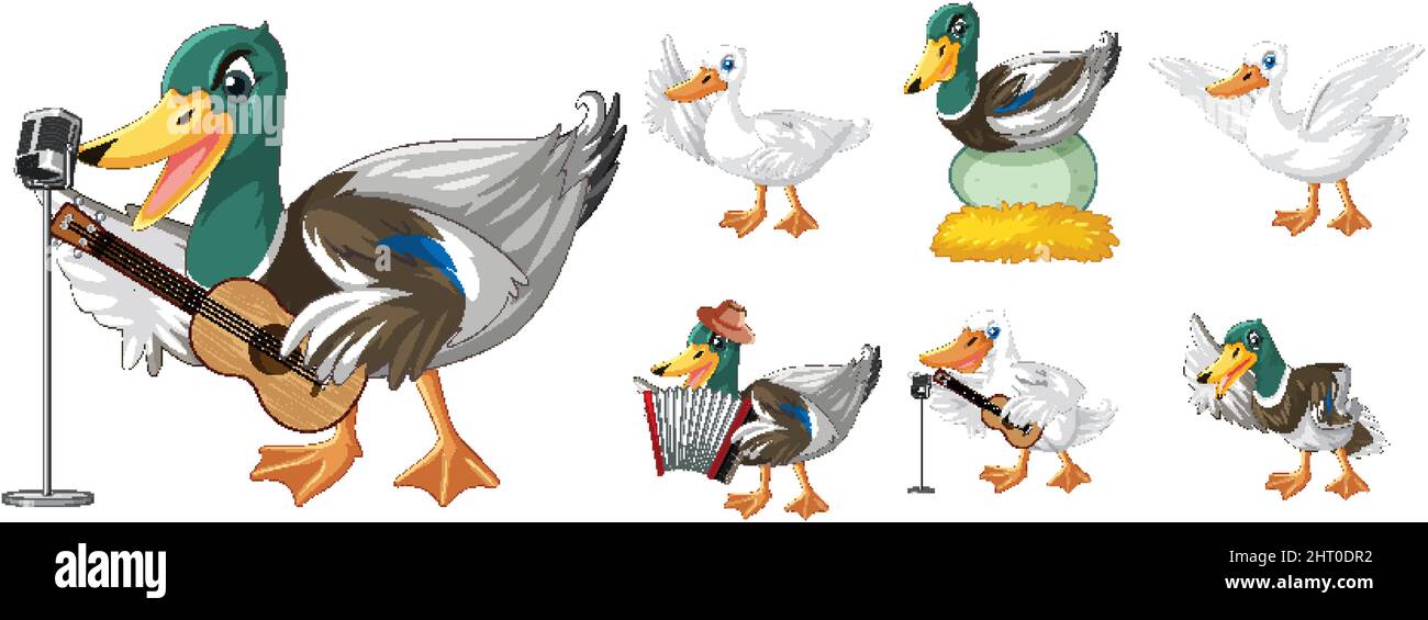 Set of different poses of ducks cartoon characters illustration Stock ...