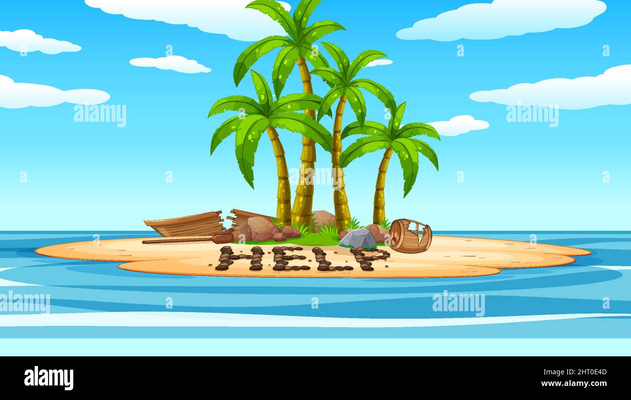 Deserted island with broken boat lying on the beach with help sign ...