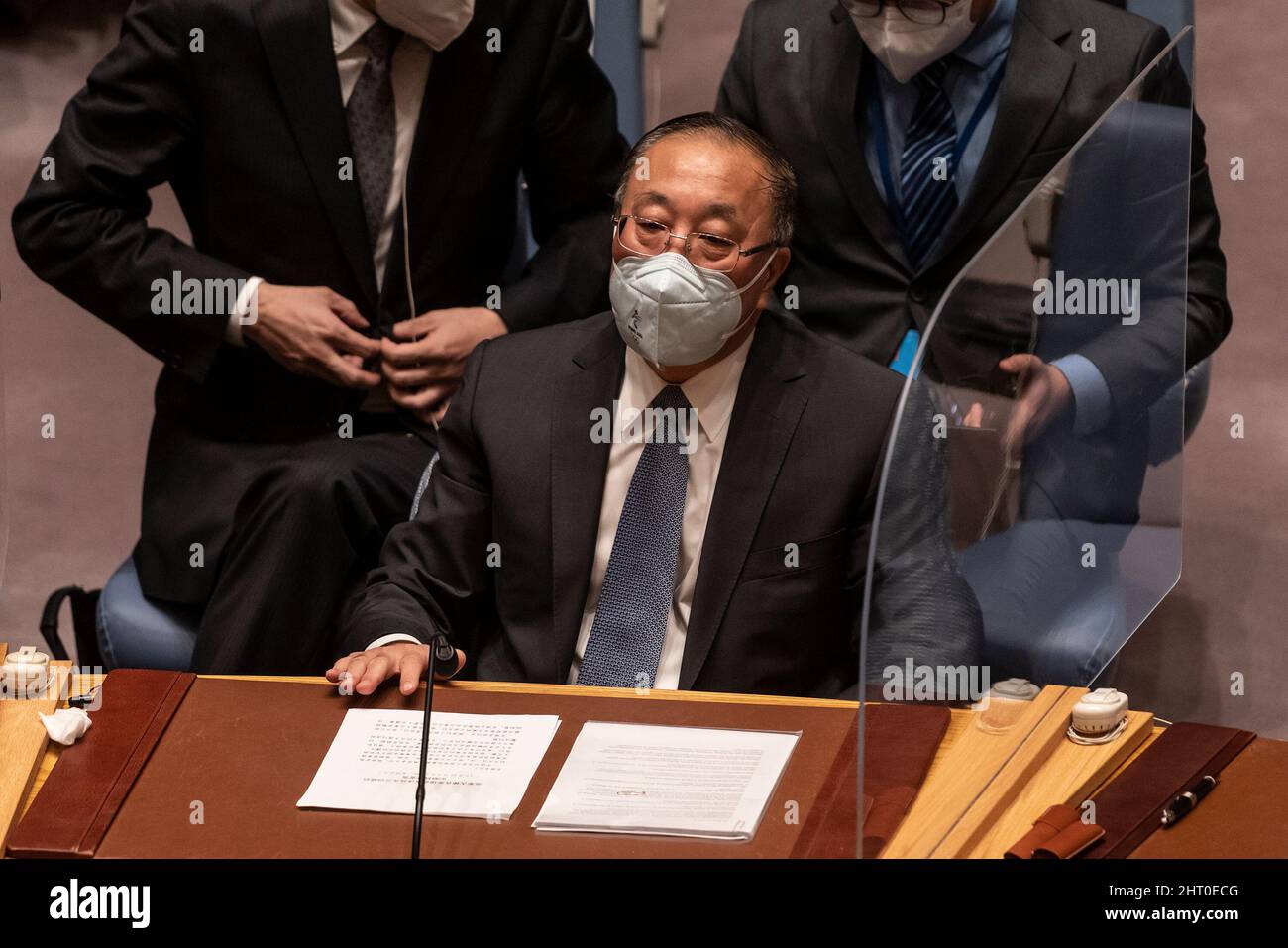 United Nations. 25th Feb, 2022. Chinese Ambassador Zhang Jun attends ...