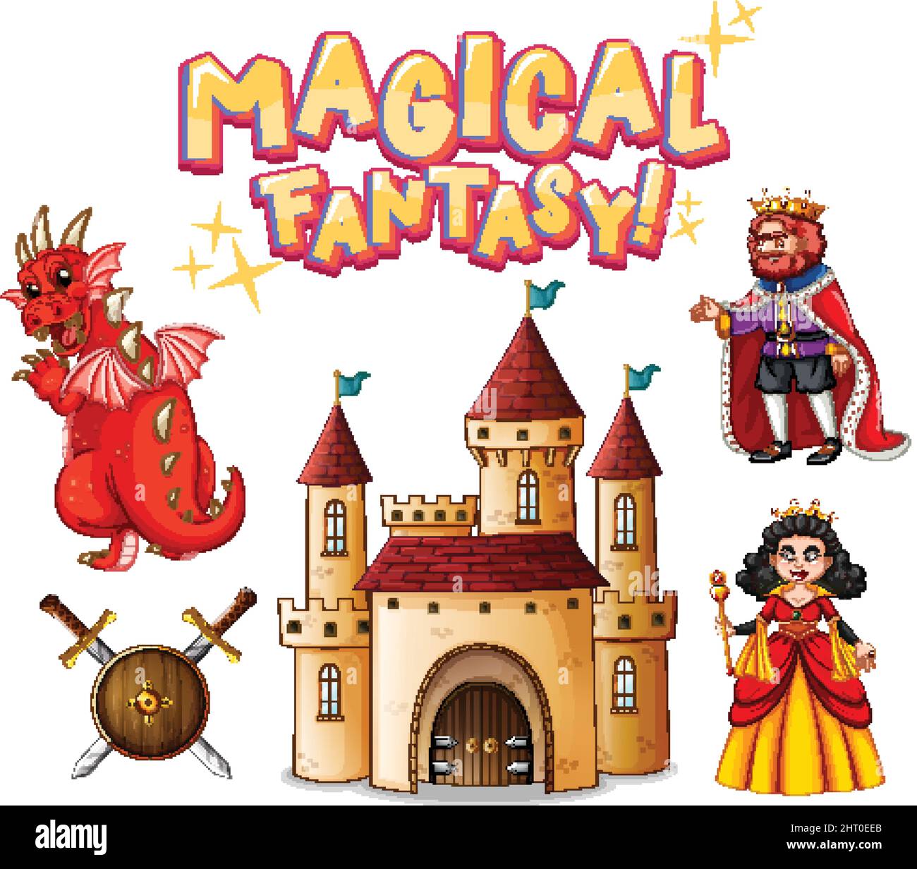 Set of dragon and fairy tale cartoon characters illustration Stock ...