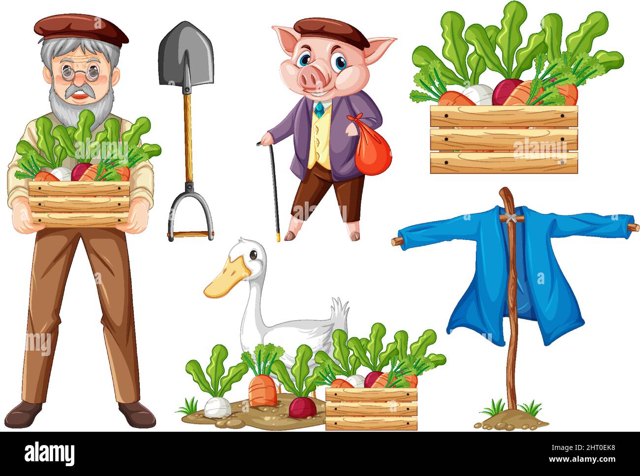 Set of farm objects and farmer cartoon character illustration Stock ...