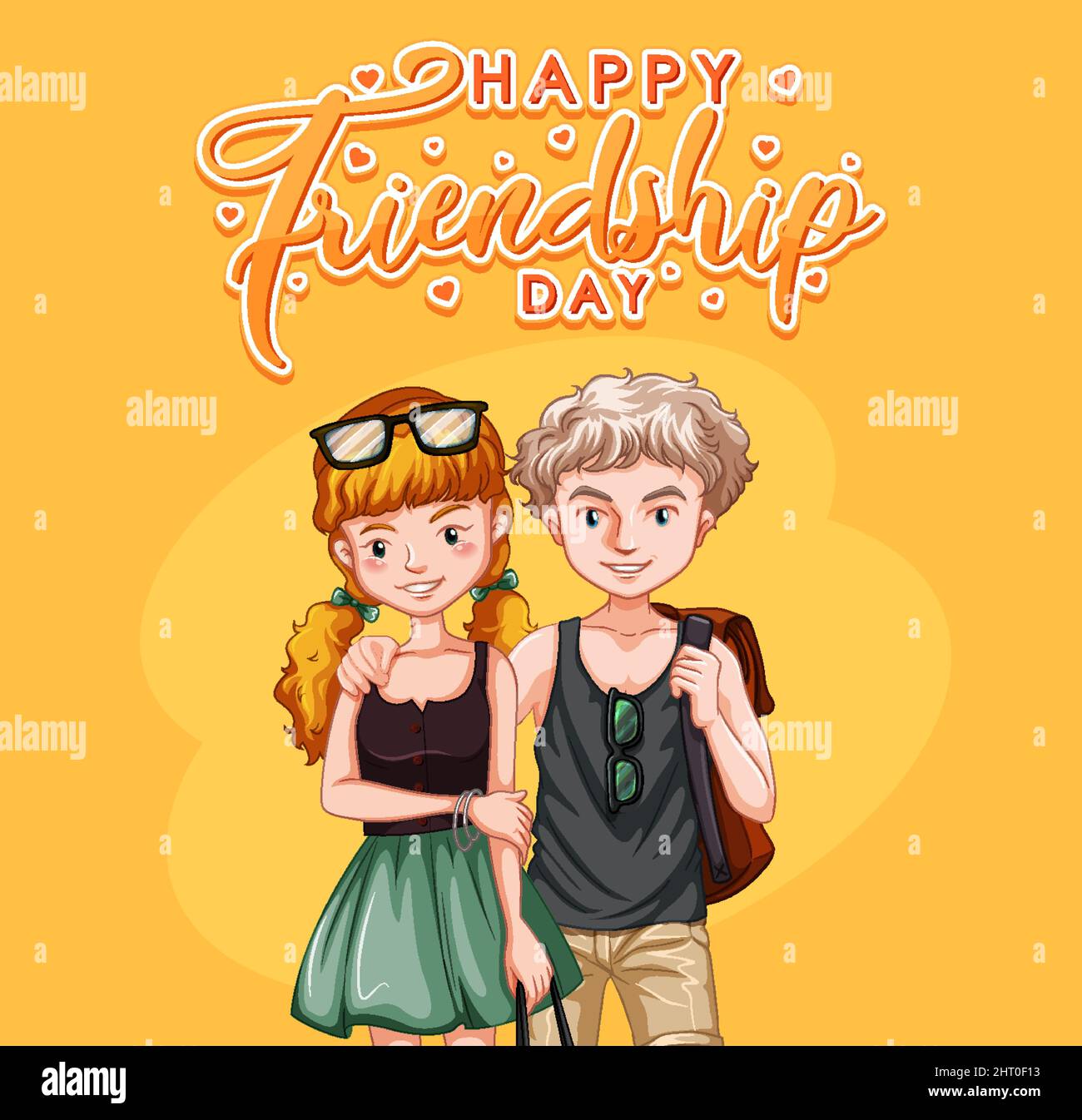 Happy Friendship Day logo banner with two teenagers illustration Stock ...