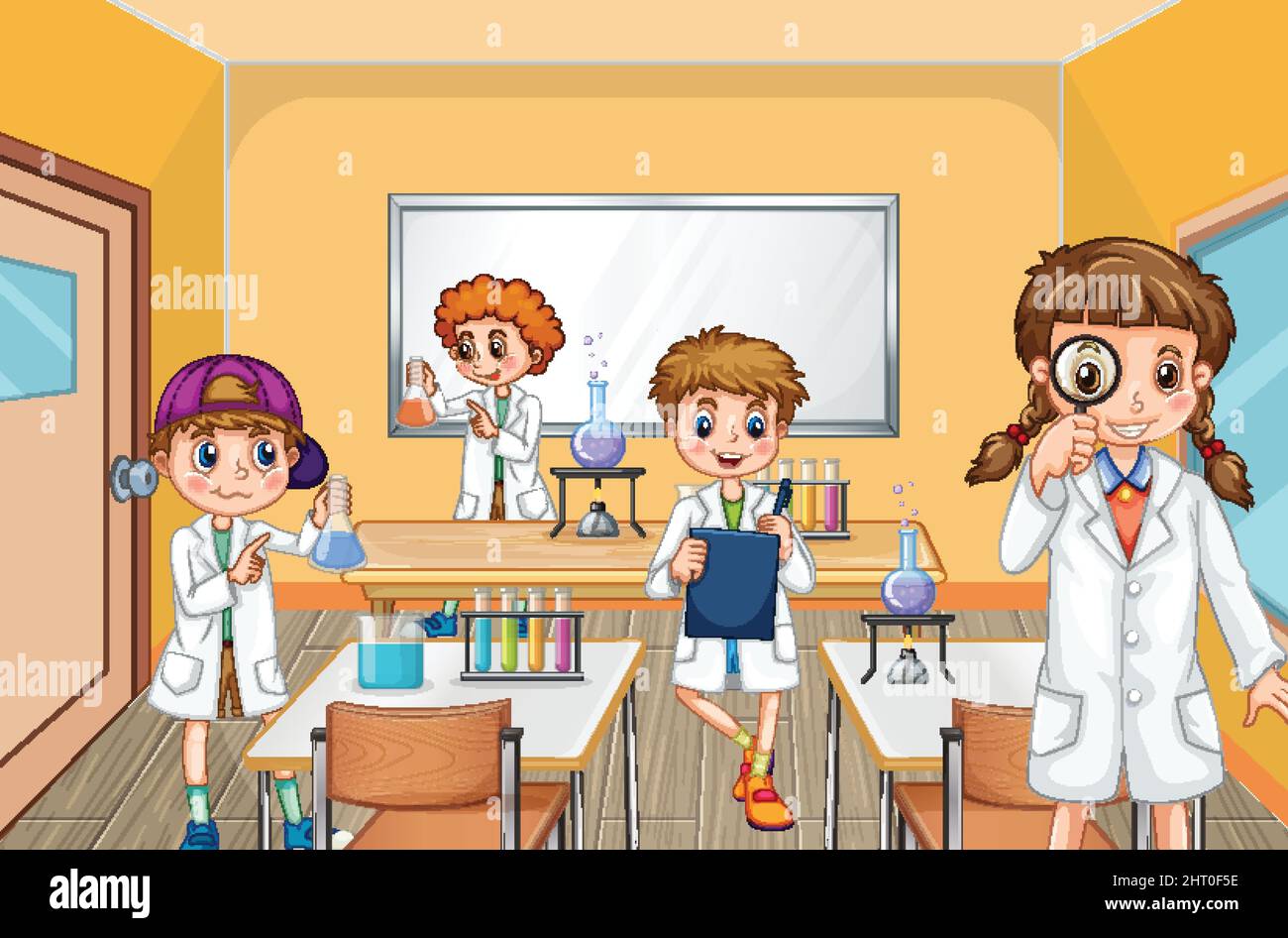 Scientist kids in laboratory room scene illustration Stock Vector Image ...