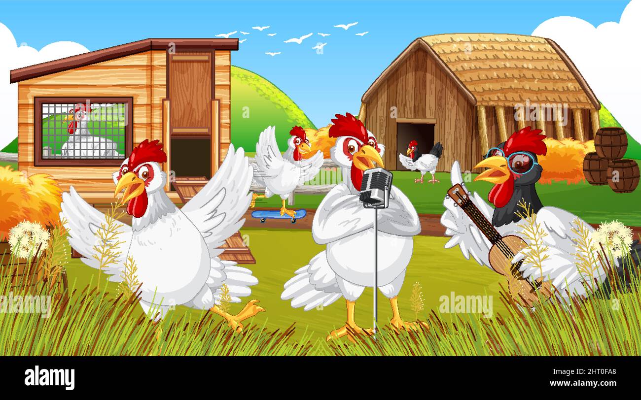 Farm scene with a group of chickens cartoon character illustration ...