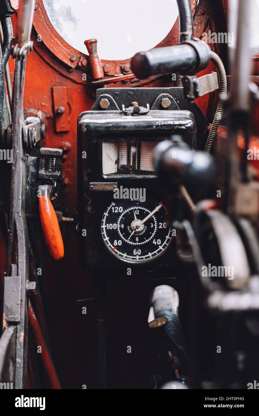 Dials and levers inside the cabin of steam engine locomotive 422 Stock ...