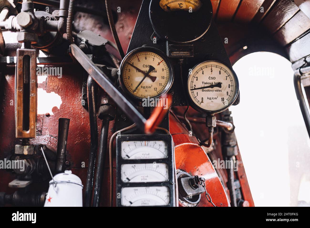 Dials and levers inside the cabin of steam engine locomotive 422 Stock ...