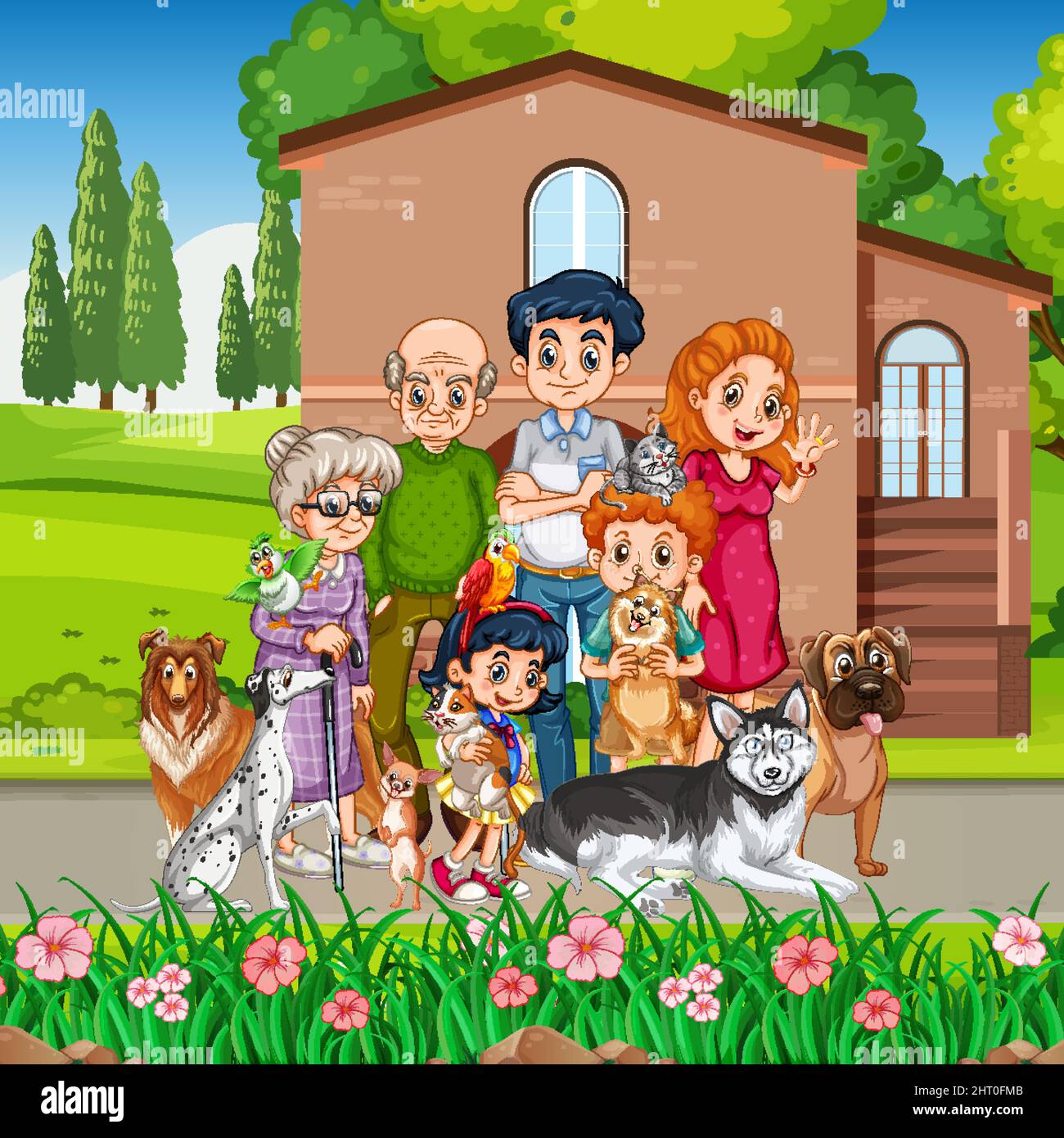 Outdoor scene with happy family and dogs illustration Stock Vector ...