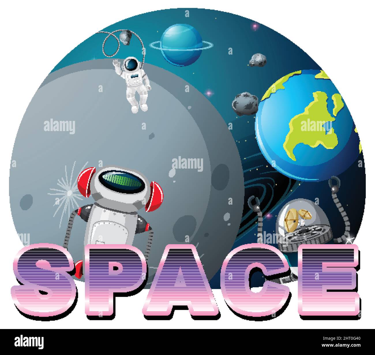 Space word logo design with astronaut and robot illustration Stock ...