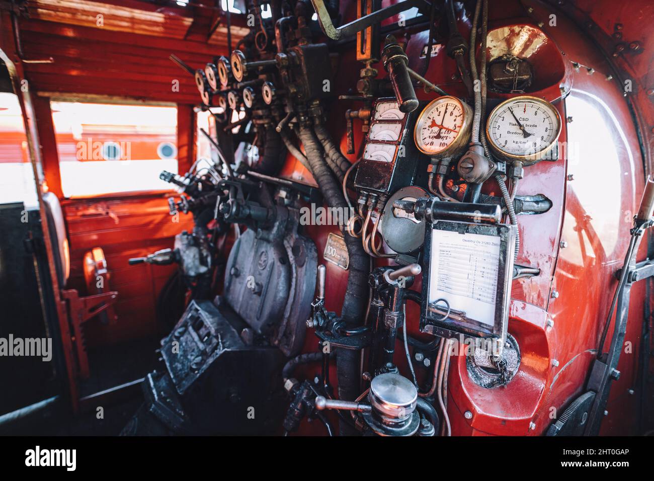Closeup shot of the look inside the cabin of steam engine locomotive ...