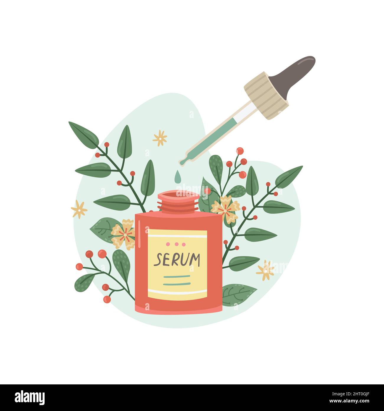 Vector illustration of facial care serum with botanical decor. Beauty ...