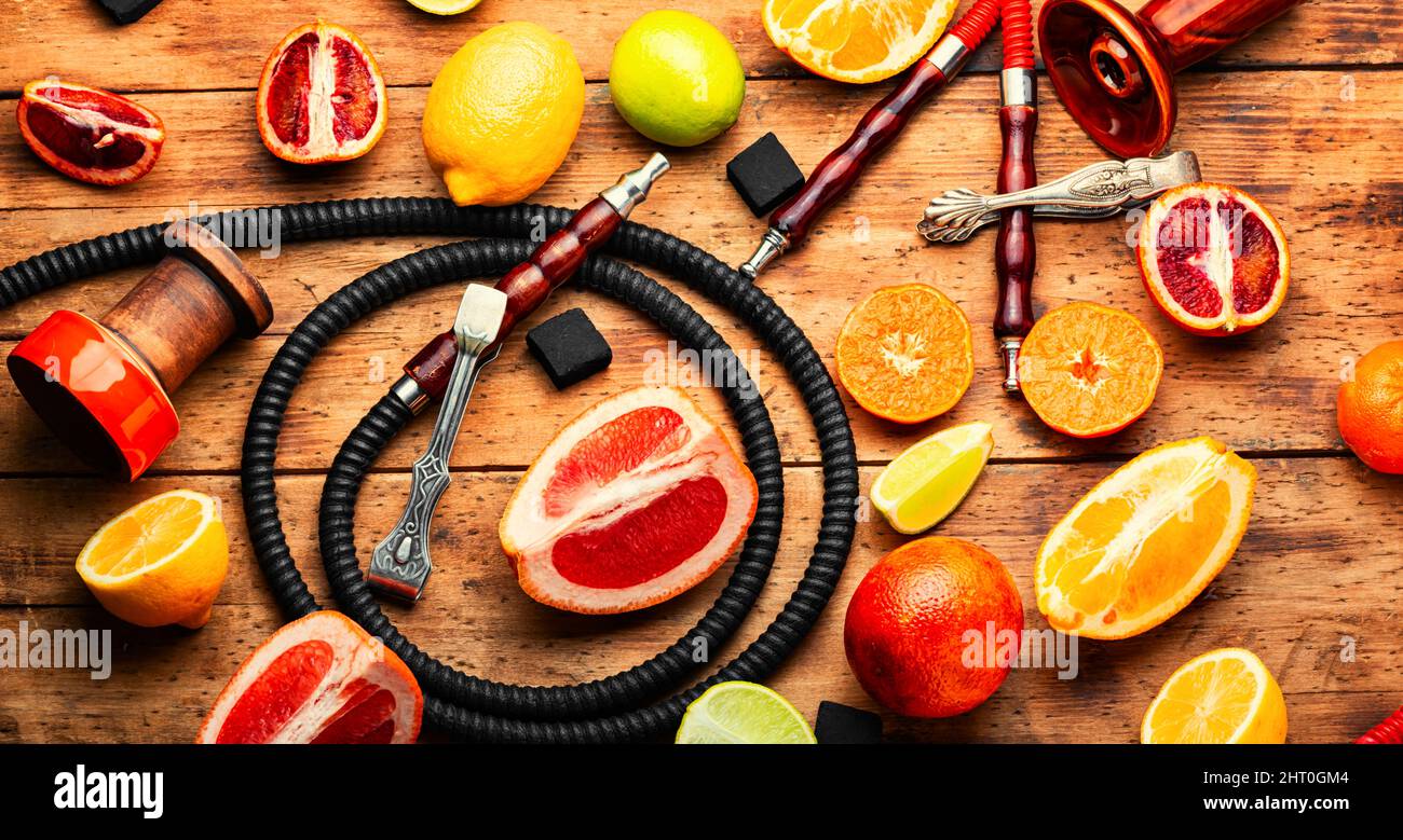 Turkish hookah with orange, lime, lemon and grapefruit. Citrus hookah ...