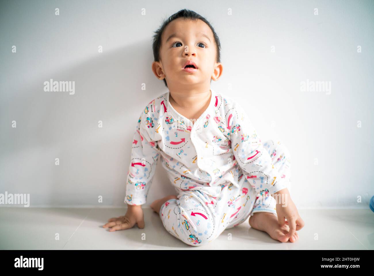 Asian baby boy was sick snot flowing from nose, Boy get cold Stock ...