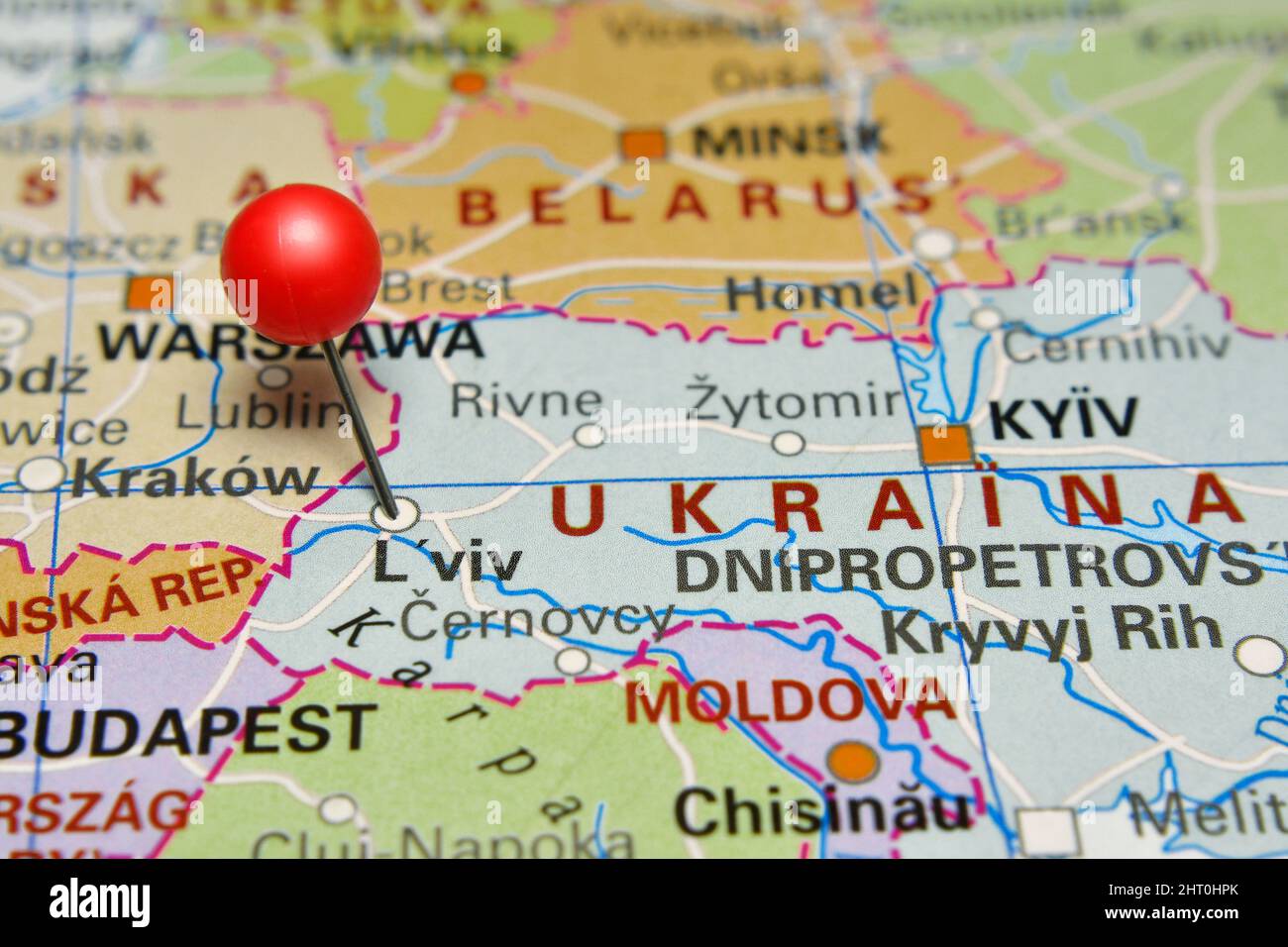 Lviv marked on map with red pin in Ukraine Stock Photo - Alamy