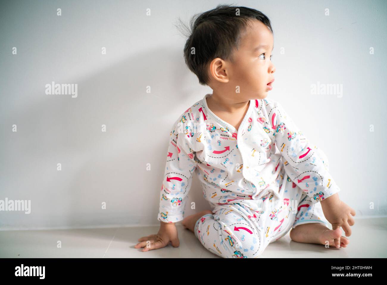 Asian baby boy was sick snot flowing from nose, Boy get cold Stock ...