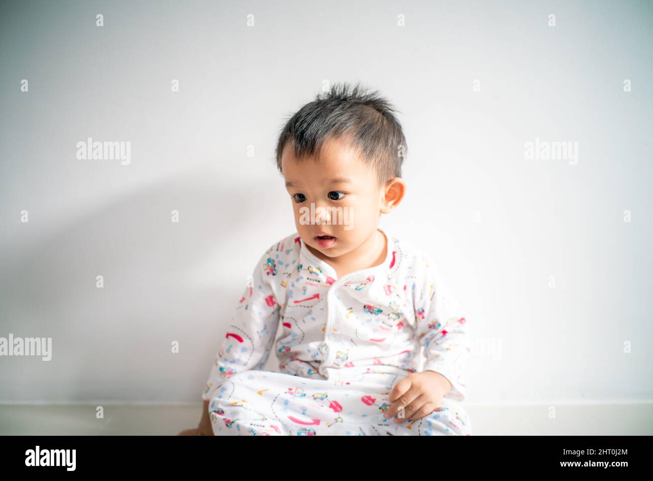 Asian baby boy was sick snot flowing from nose, Boy get cold Stock ...