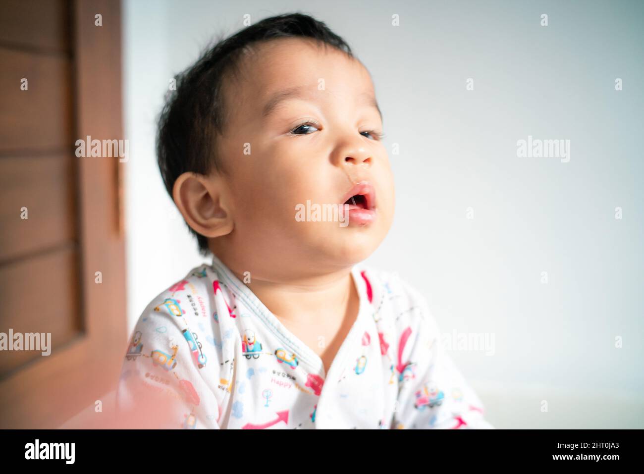 Asian baby boy was sick snot flowing from nose, Boy get cold Stock ...