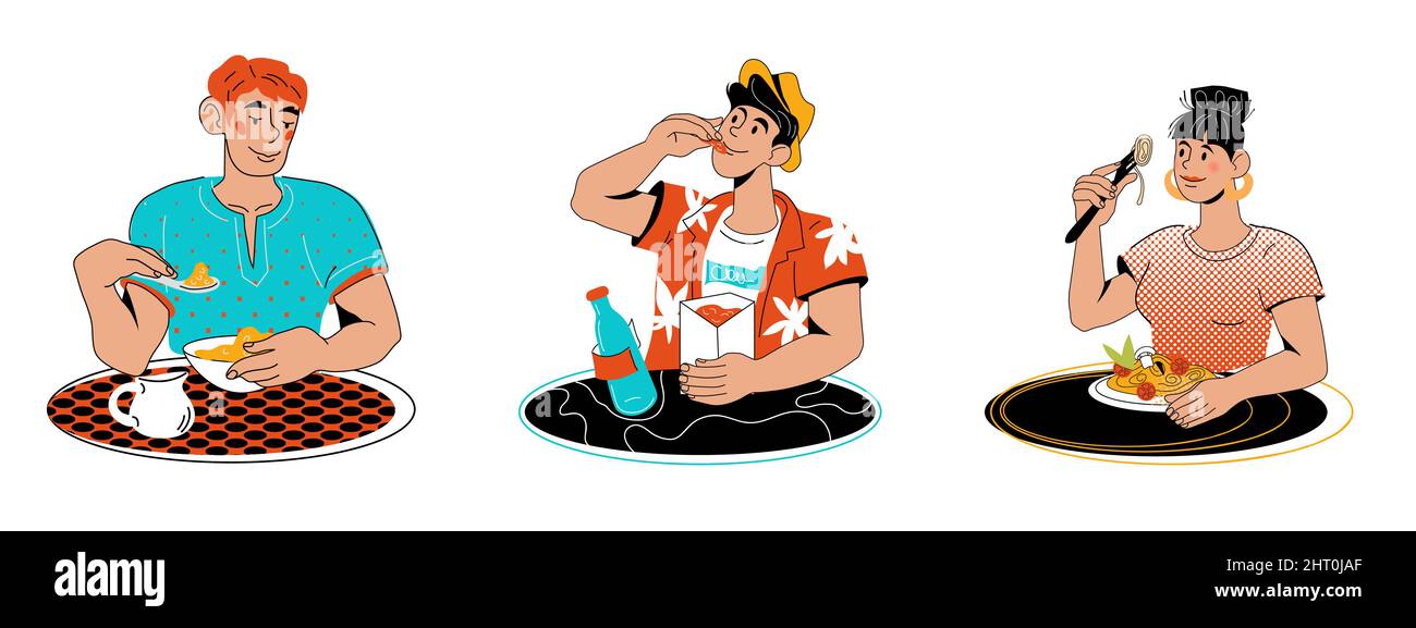 People eating at cafe or restaurant, flat vector cartoon illustration ...