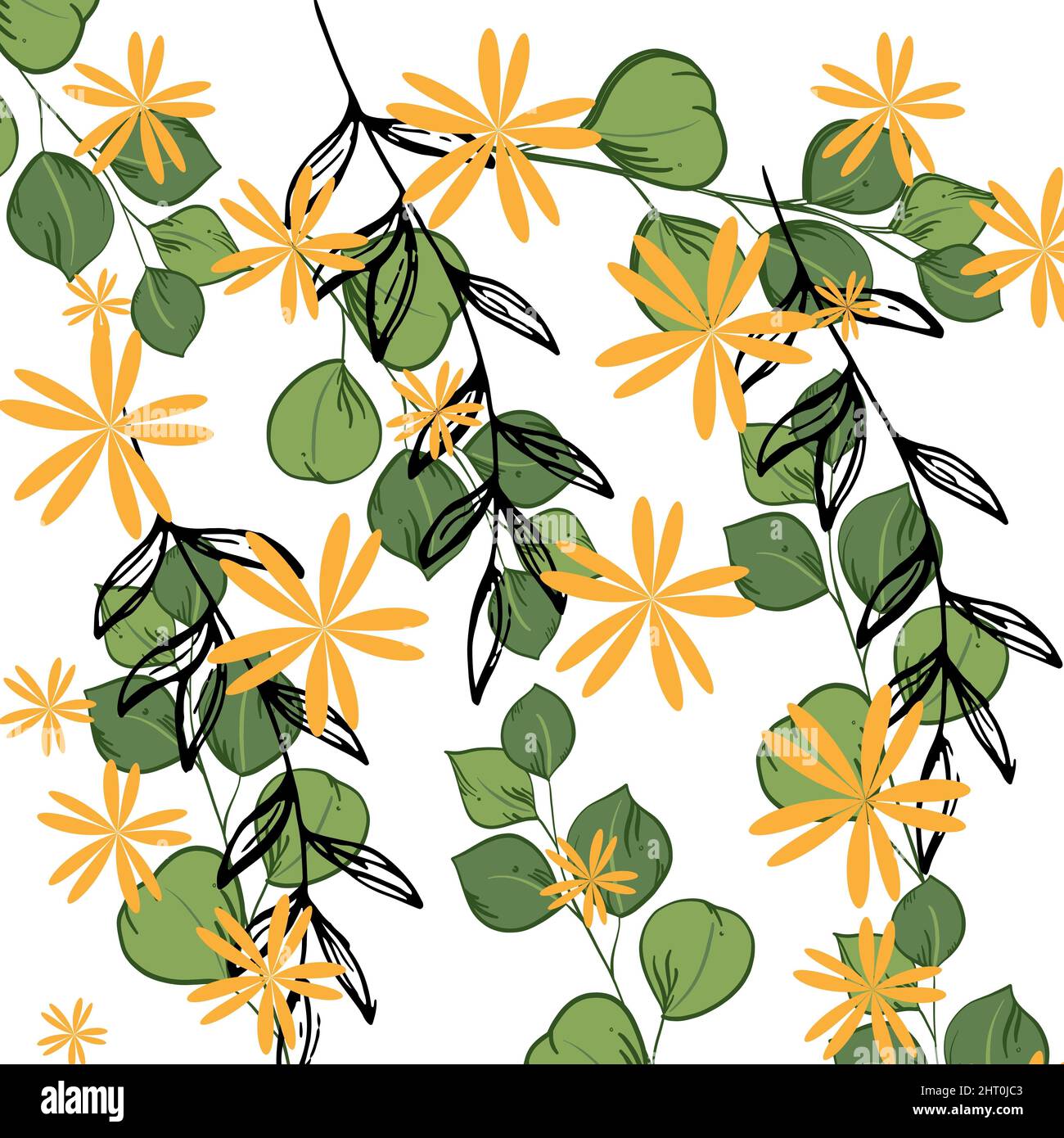 Illustrated floral background with leaves and yellow flowers on a white ...