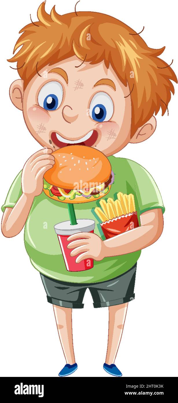 A boy eating fast food on a white background illustration Stock Vector ...