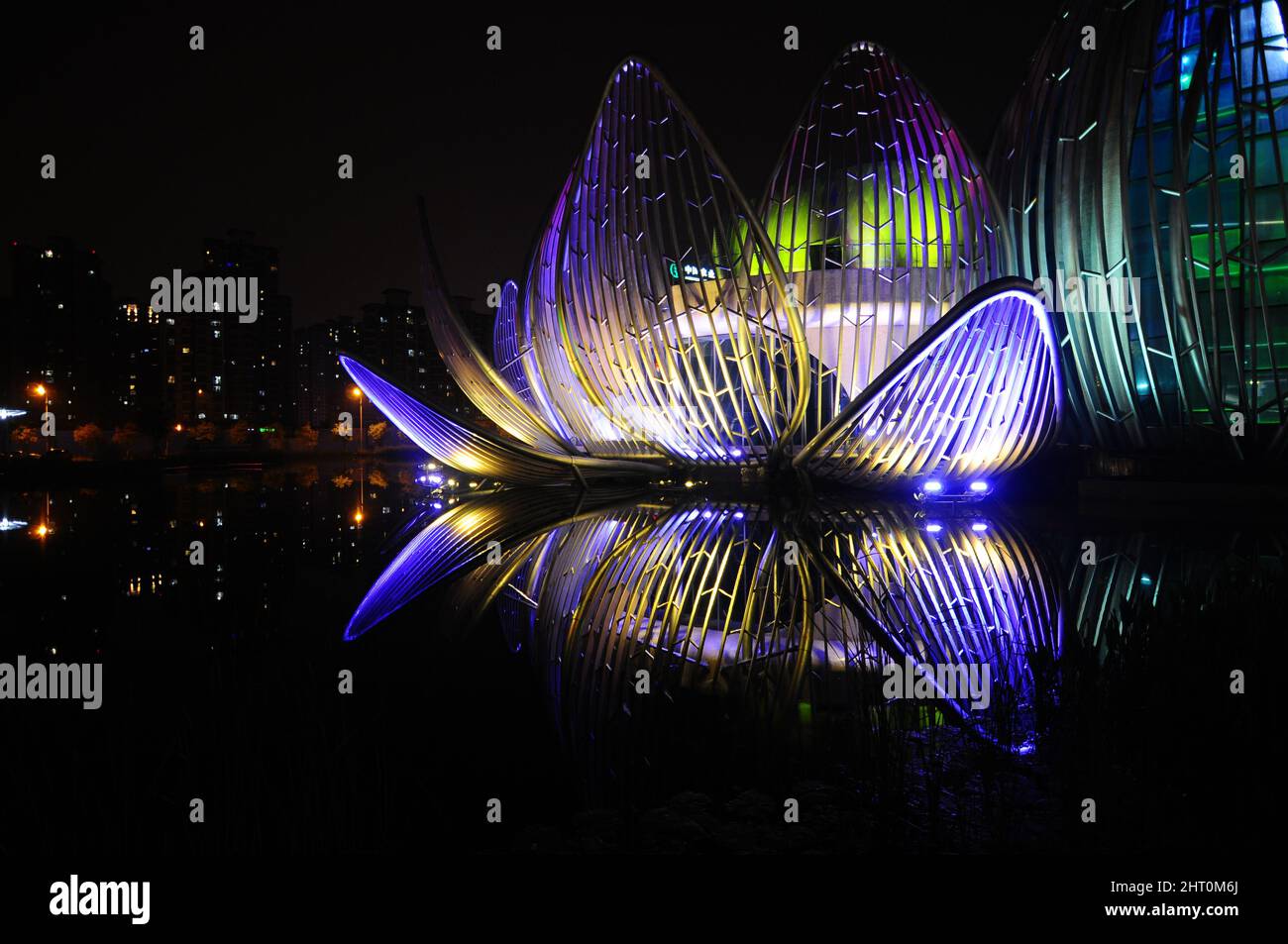 Lotus flower installation at nigh Stock Photo - Alamy