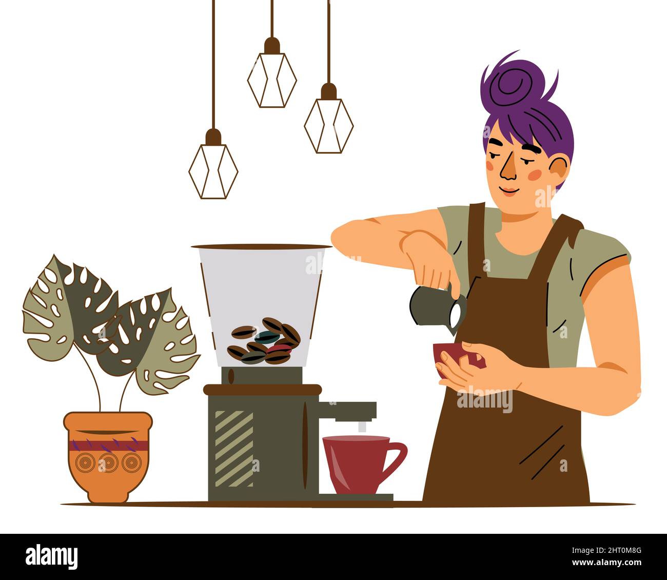Barista pretty woman preparing coffee, flat vector illustration ...