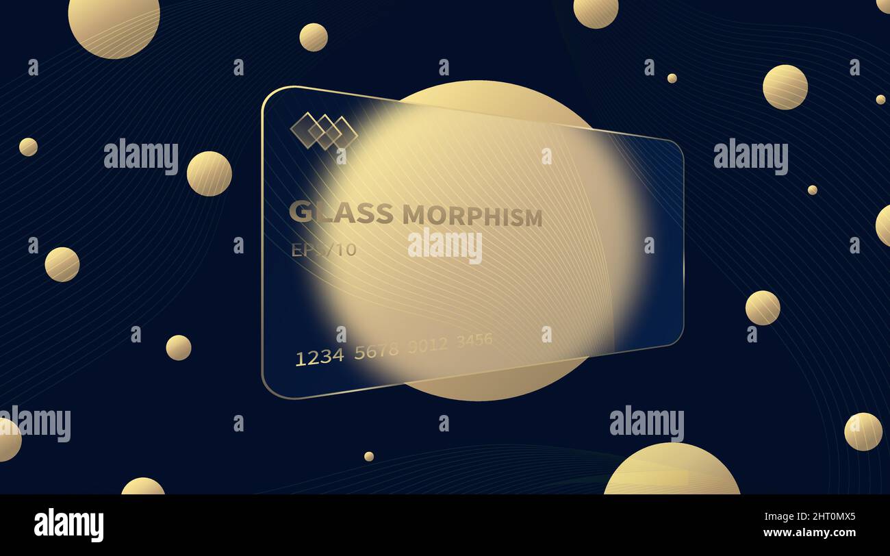 Glass morphism effect. Transparent frosted acrylic bank card. Gold ...