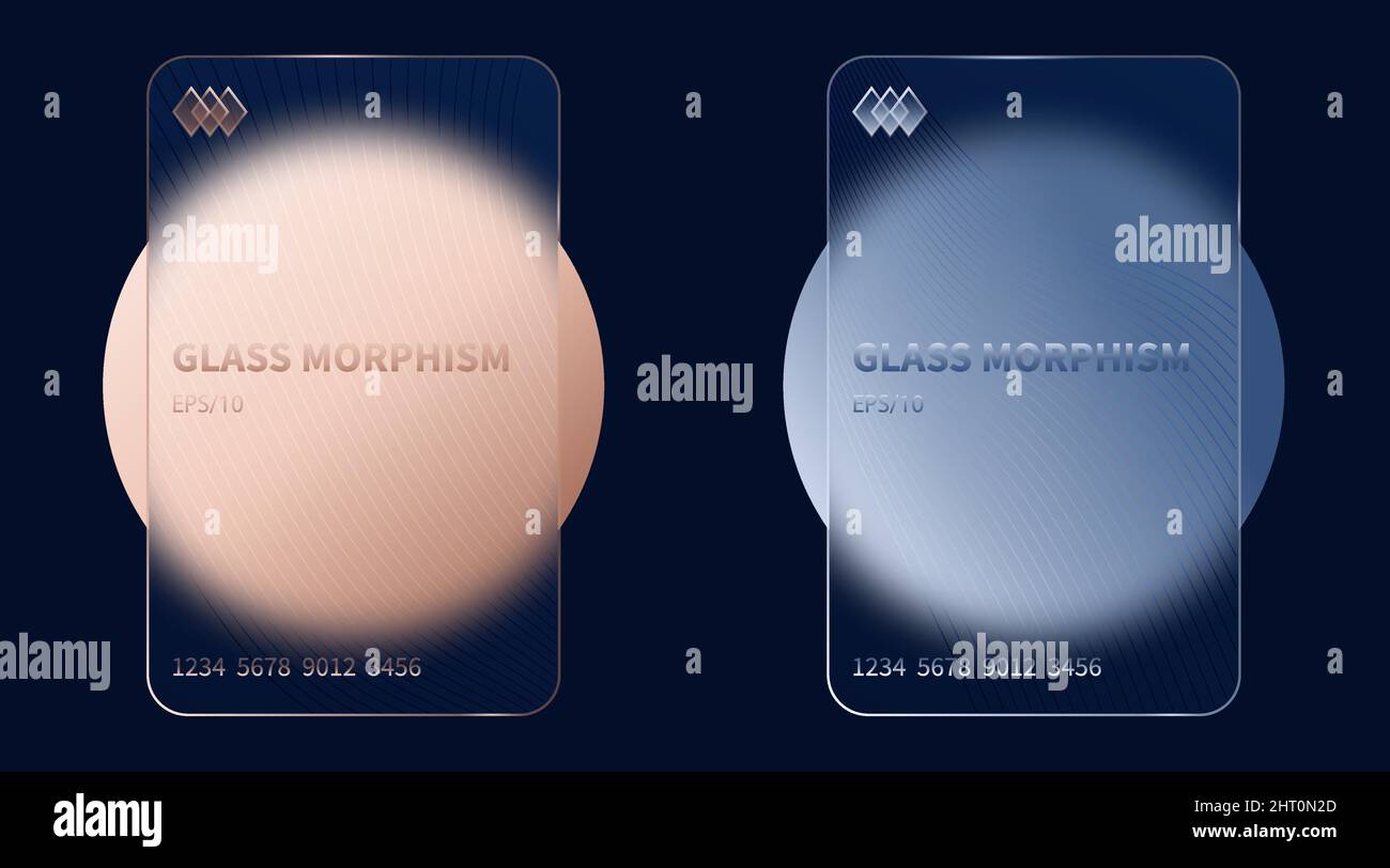 Glass morphism effect. Transparent frosted acrylic bank cards. Gold ...