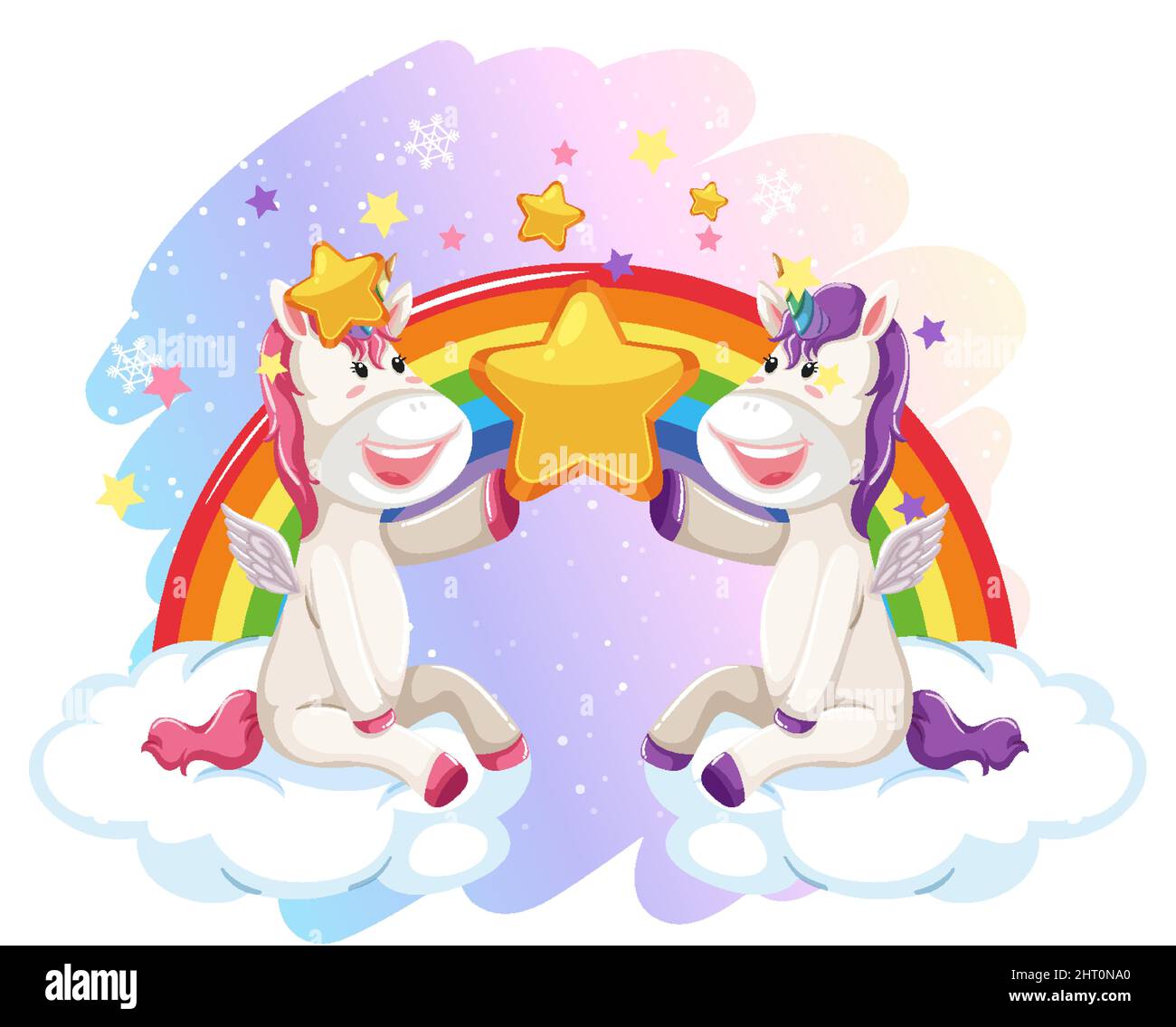 Two unicorns sitting on clouds with rainbow illustration Stock Vector ...