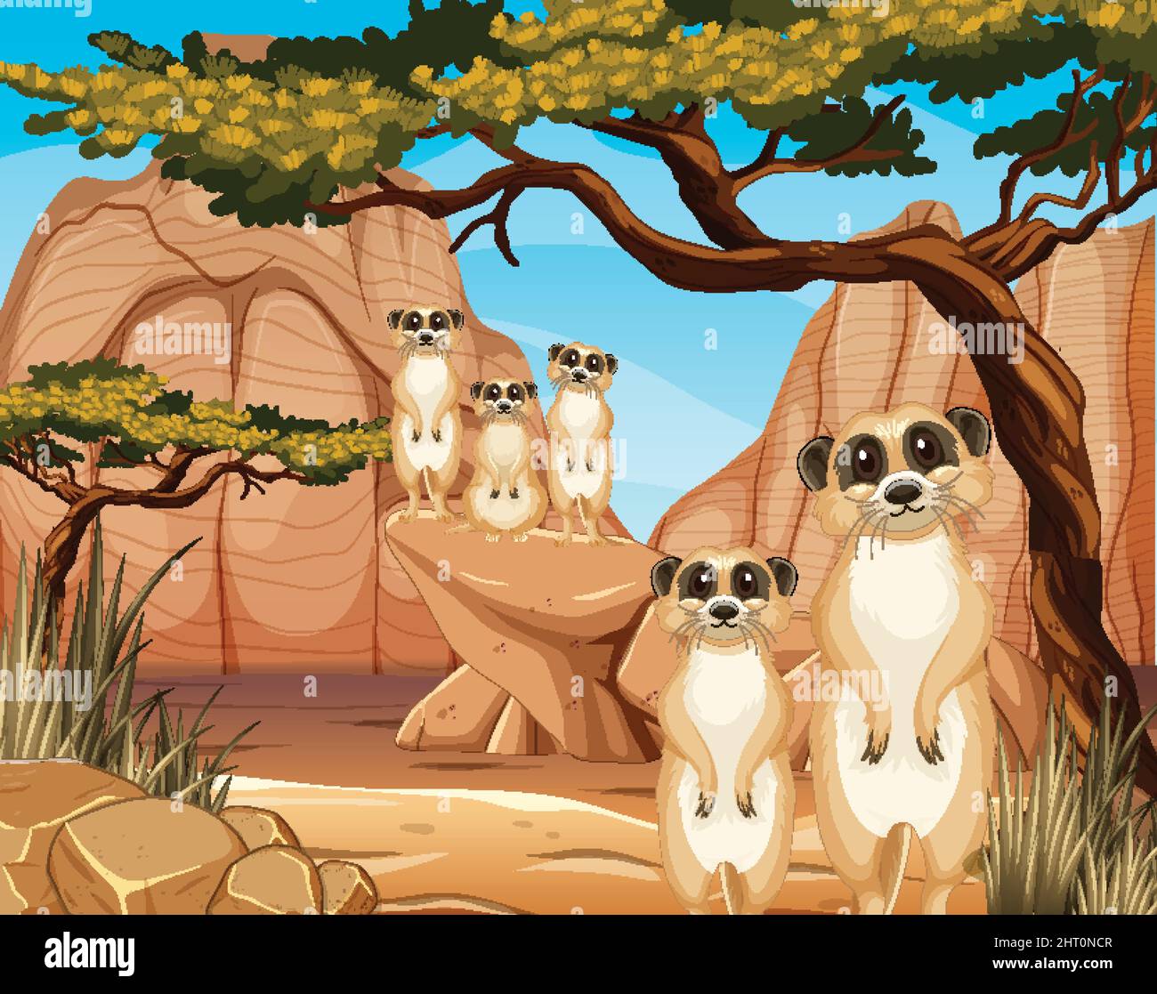 Desert scene with cute little meerkats illustration Stock Vector Image ...