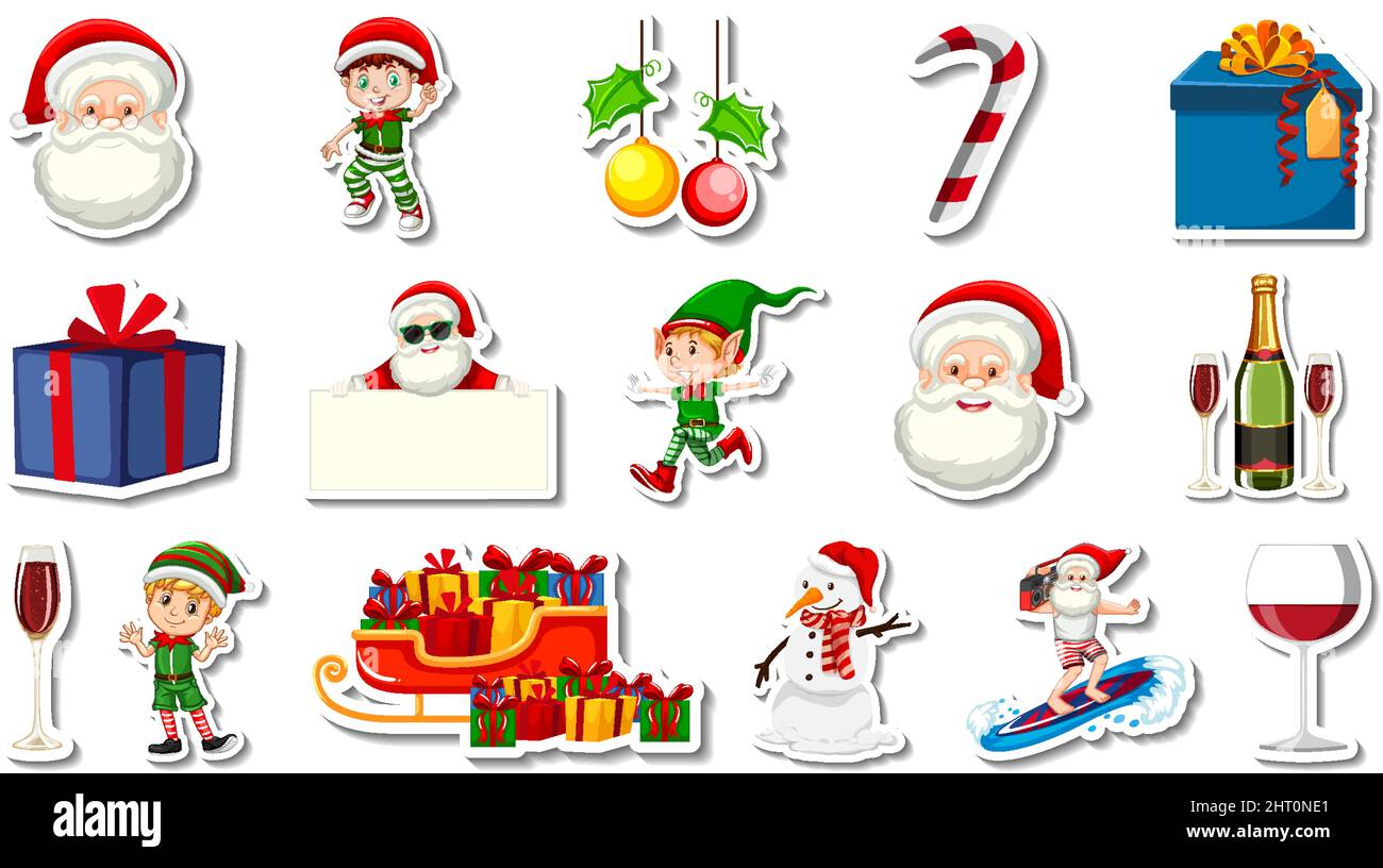 Set of Christmas objects and cartoon characters illustration Stock ...