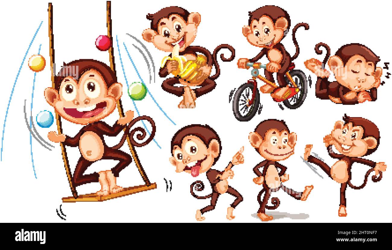 Set of different poses of monkeys cartoon characters illustration Stock ...