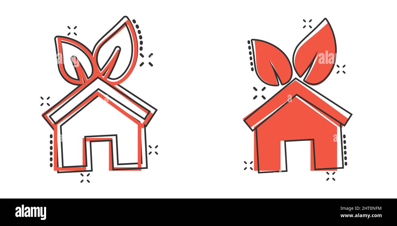 House with leaf icon in comic style. Flower garden cartoon vector ...