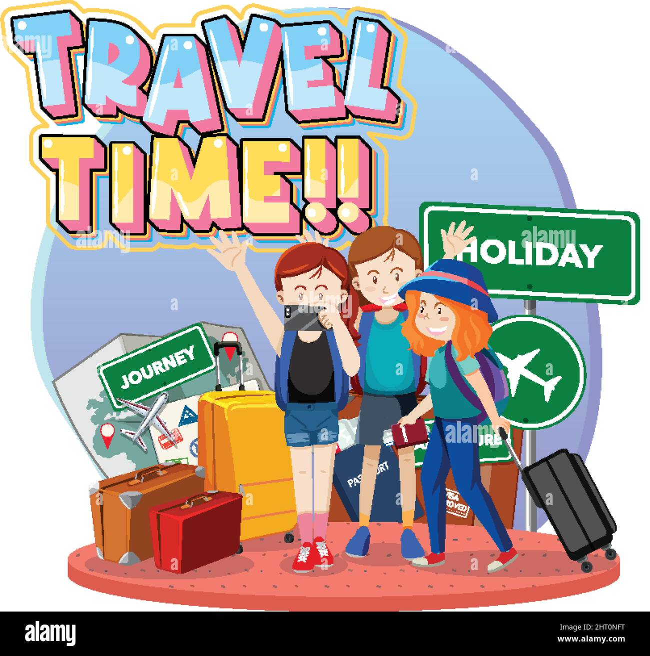Travel Time typography logo with travelers group illustration Stock ...