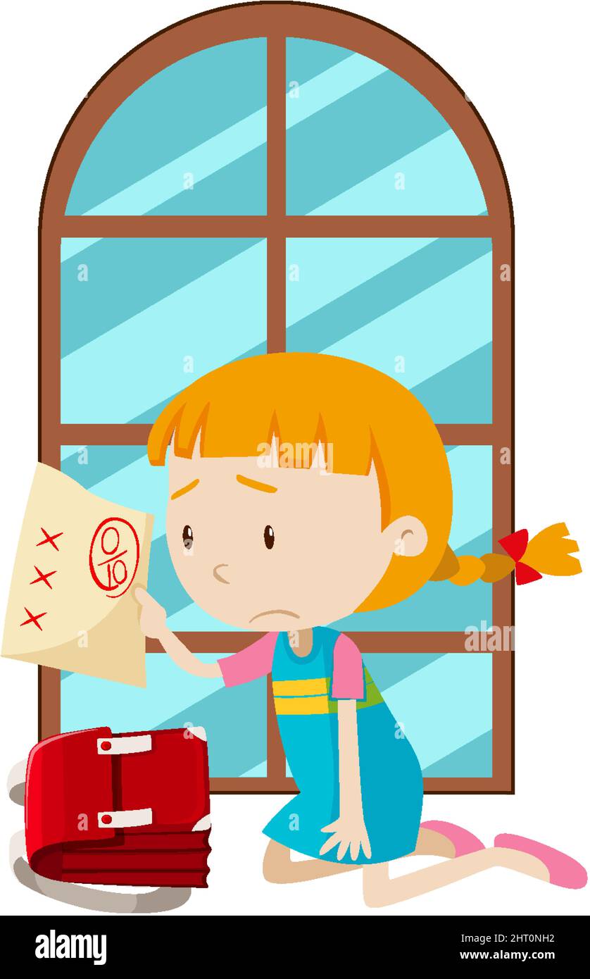Sad girl with bad grade by the window illustration Stock Vector Image ...