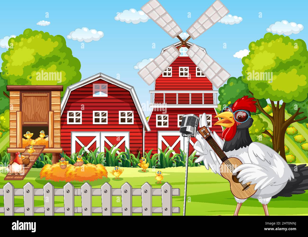 Farm scene with a chicken singing guitar illustration Stock Vector ...