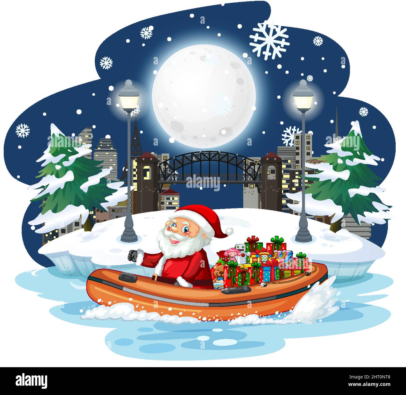Snowy night with Santa Claus on a boat illustration Stock Vector Image ...