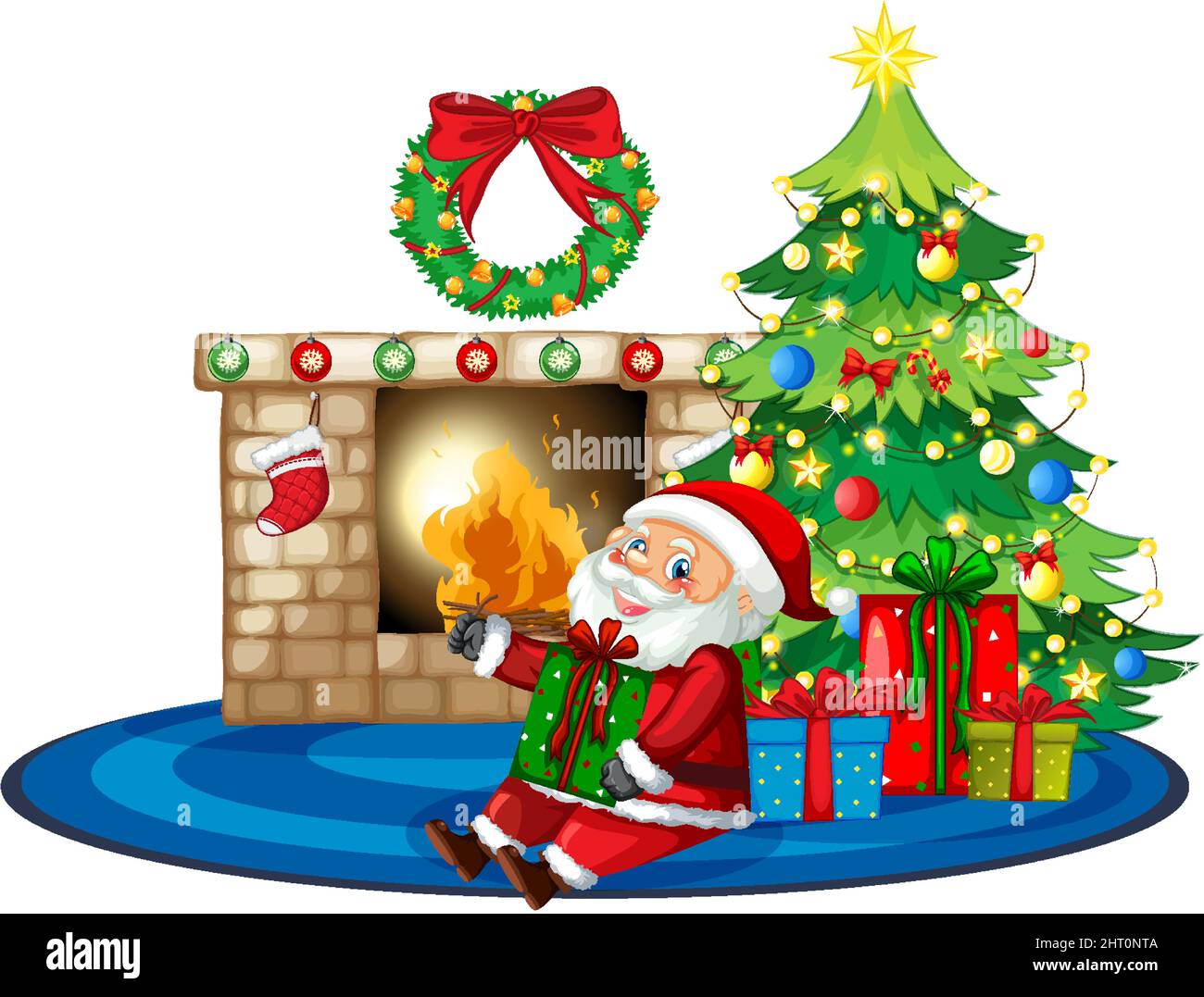 Santa Claus sitting front fireplace with many gift boxes illustration ...