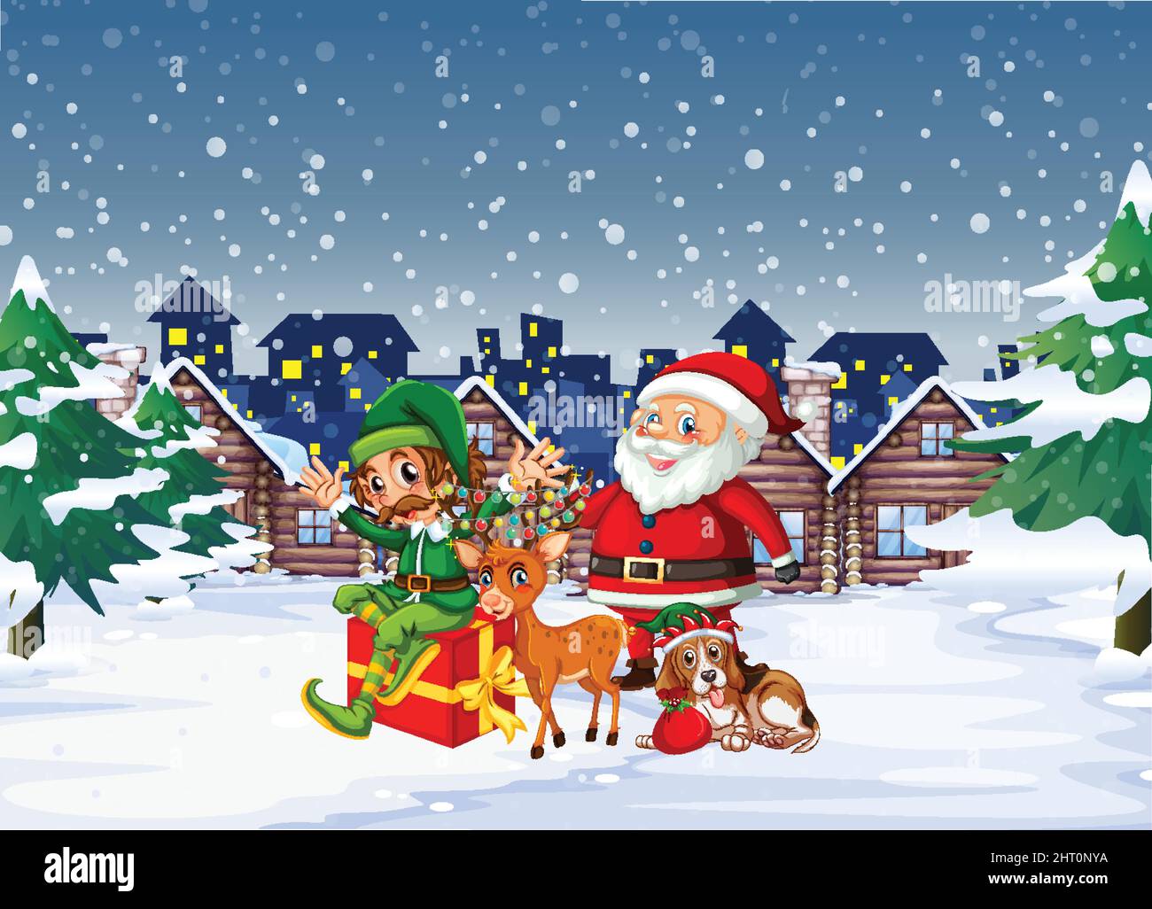 Snowy night scene with Christmas cartoon characters illustration Stock ...