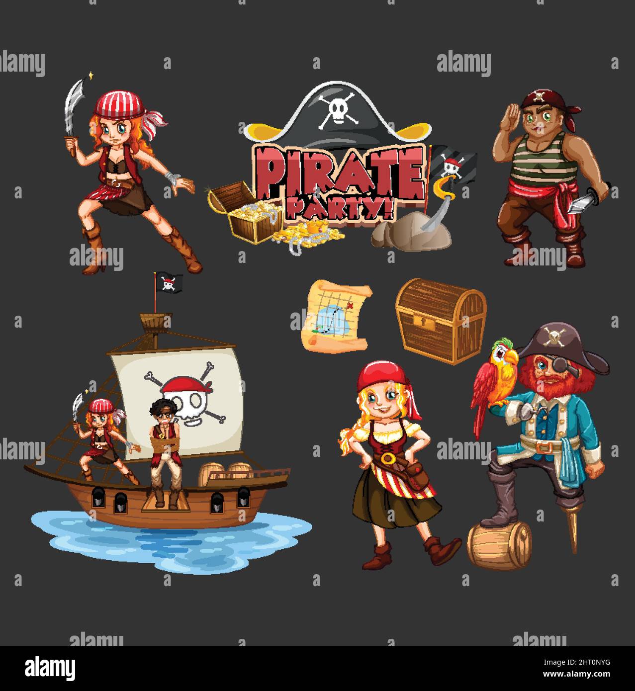 Set of pirate cartoon characters and objects illustration Stock Vector ...