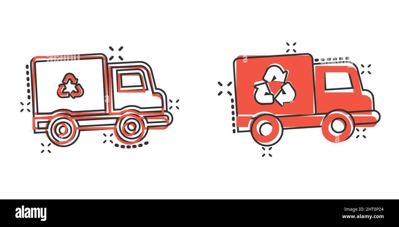 Garbage truck icon in comic style. Recycle cartoon vector illustration ...