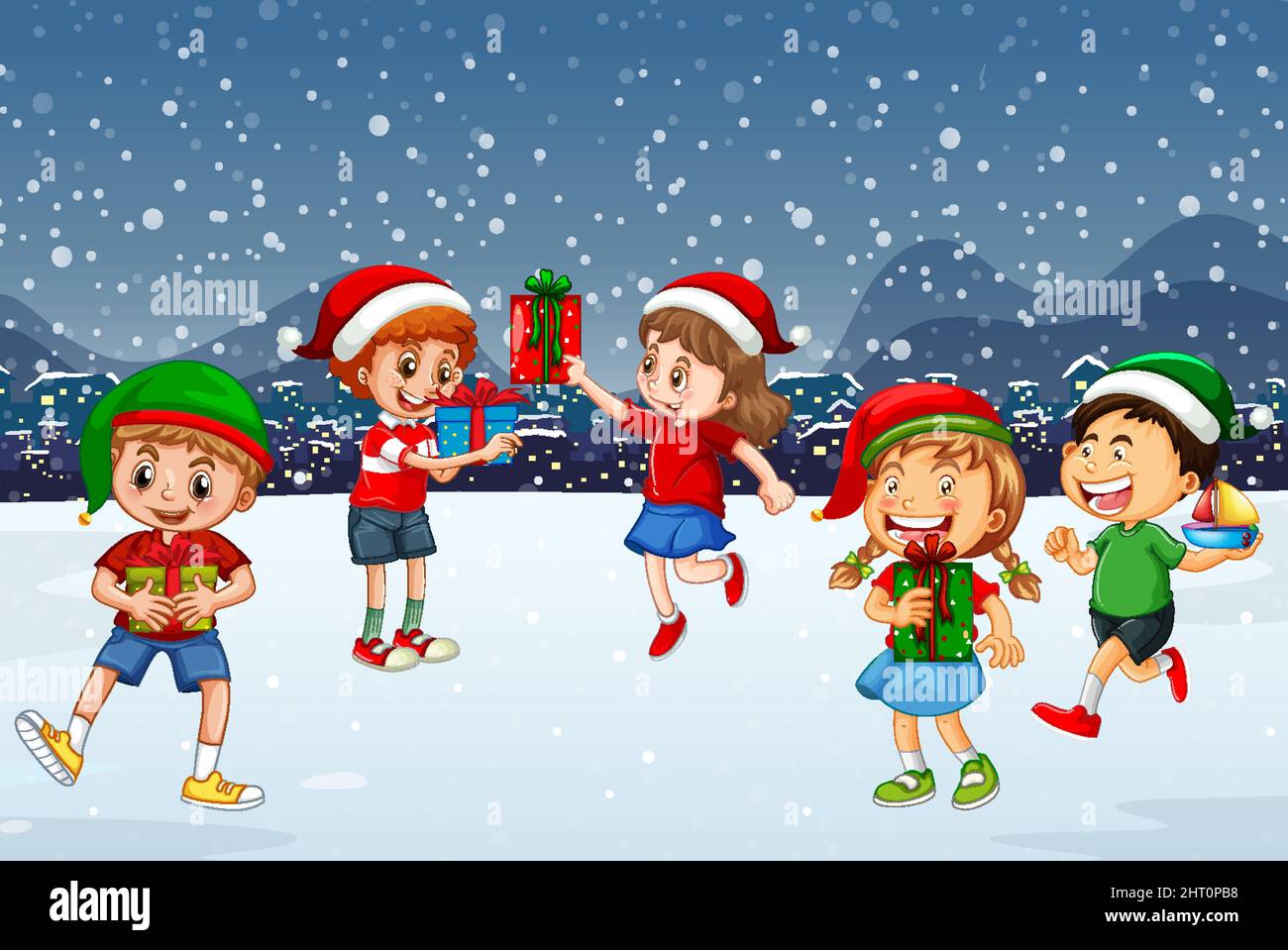 Snowy night scene with Christmas cartoon characters illustration Stock ...