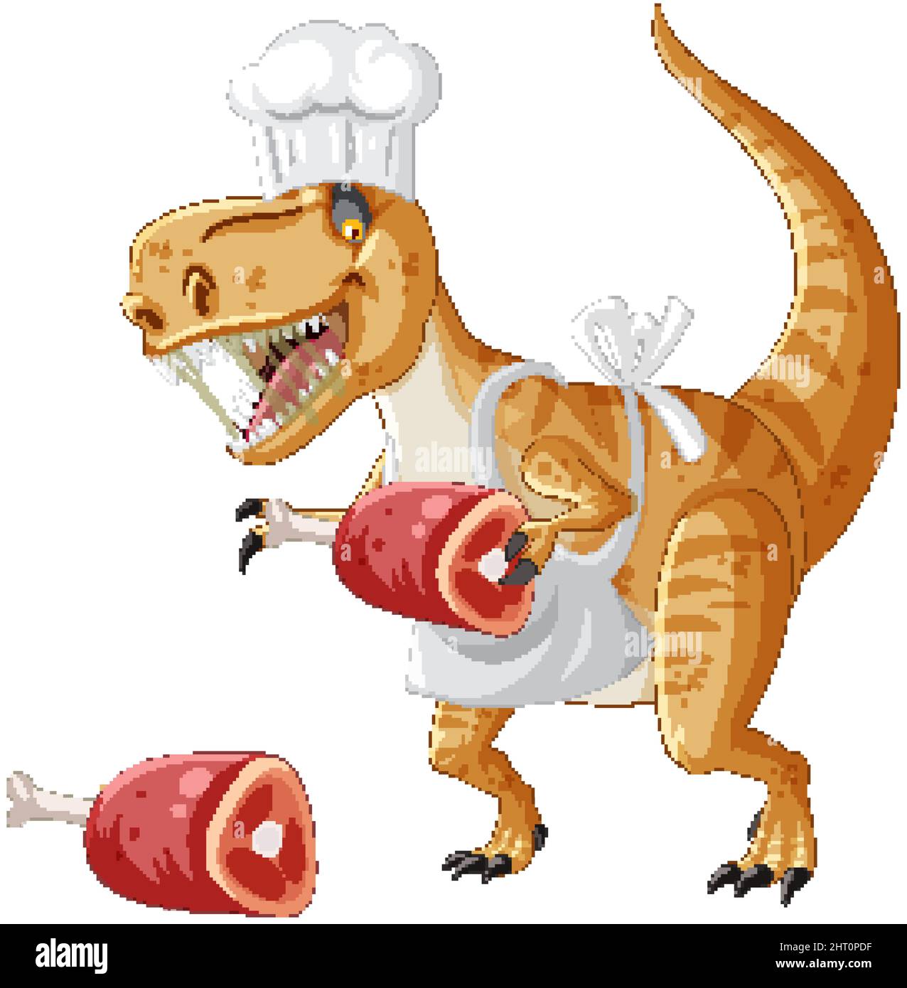 Tyrannosaurus rex dinosaur holding meat bone in cartoon style ...