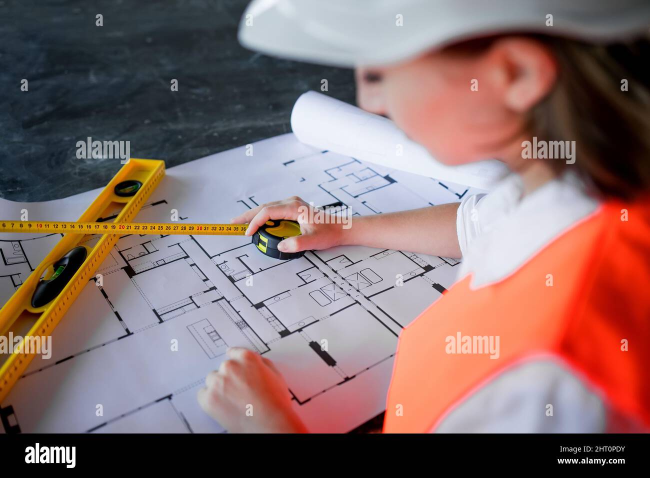 Architect working over plan. Closeup Desk With blueprints drawing Stock ...
