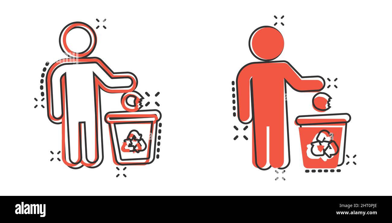 Garbage bin with people icon in comic style. Recycle cartoon vector ...