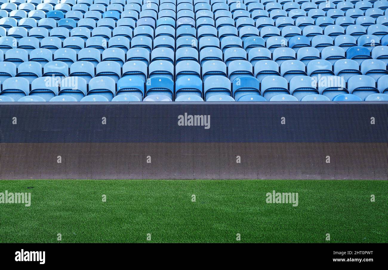 A view of ad boards displaying the Ukrainian flag colours at Elland ...