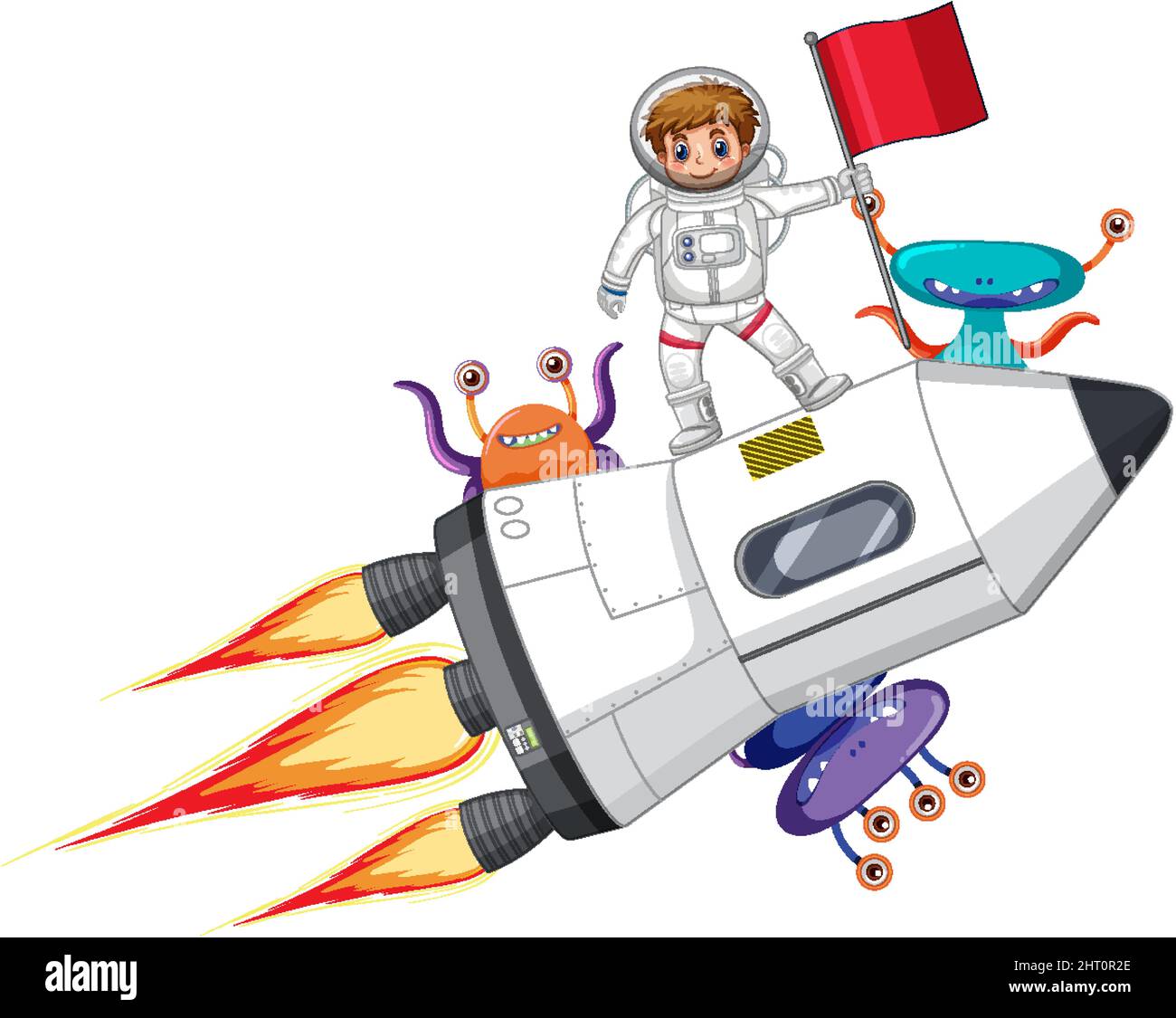 An astronaut on rocketship with aliens in cartoon style illustration ...