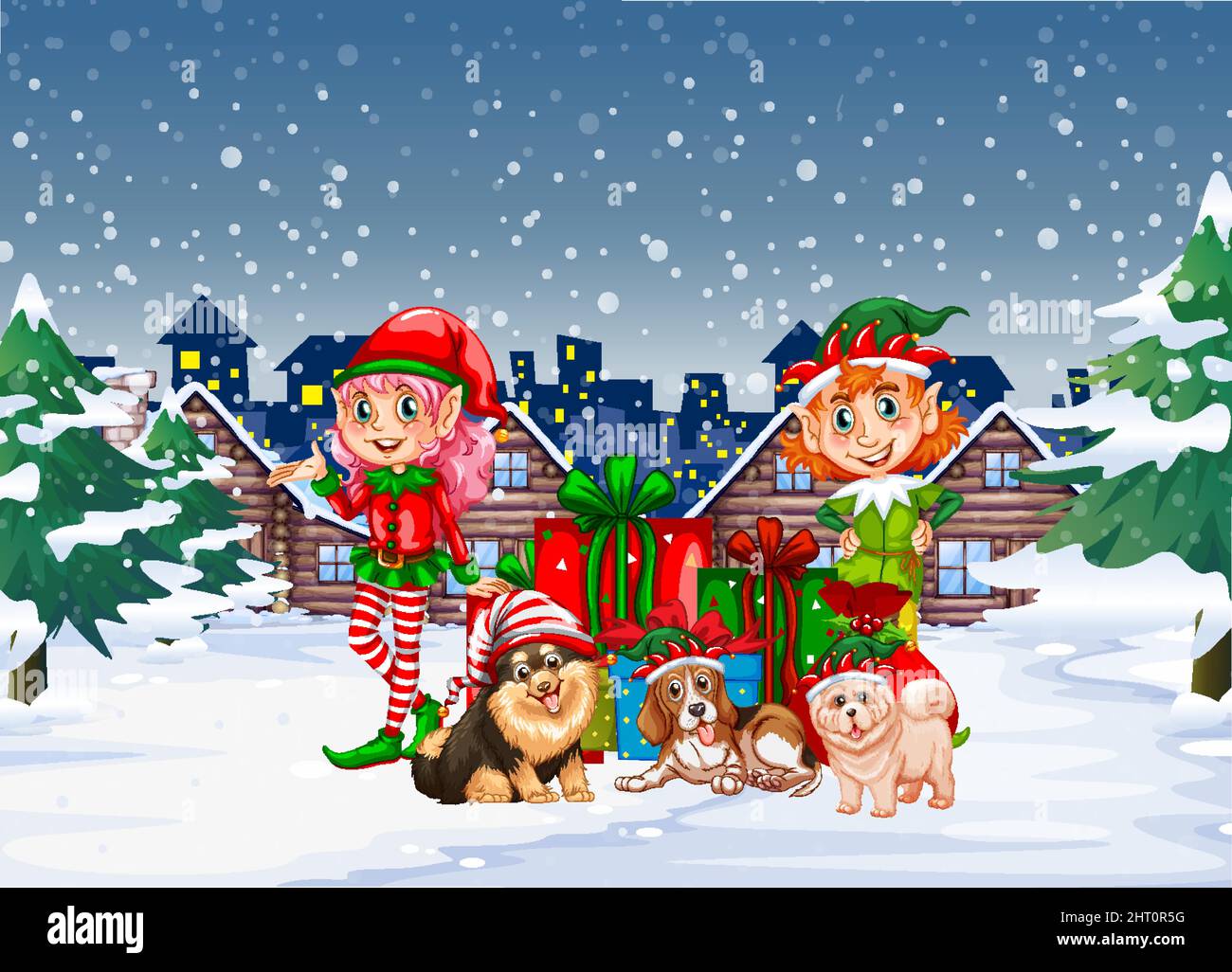 Snowy winter night with Christmas characters illustration Stock Vector ...