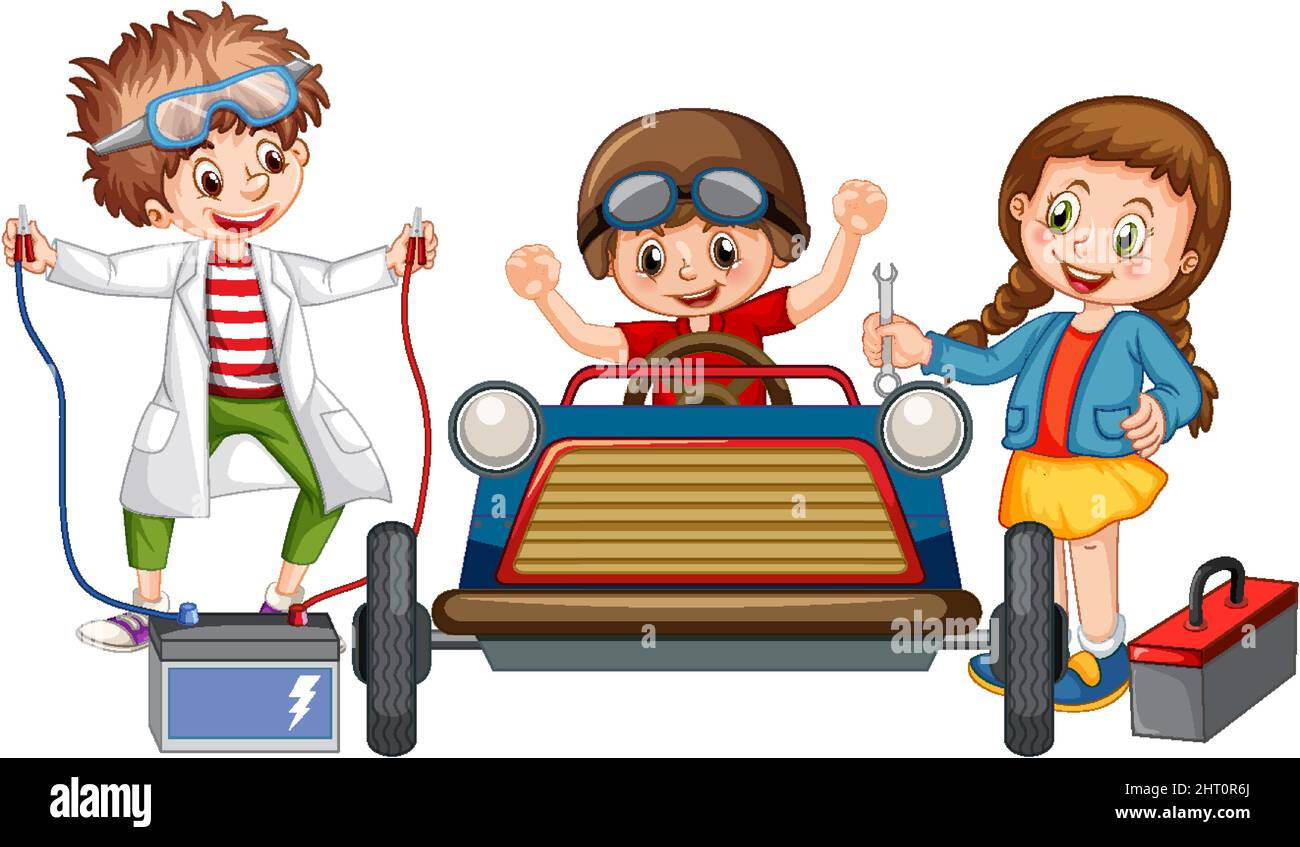 Children repairing a car together illustration Stock Vector Image & Art ...